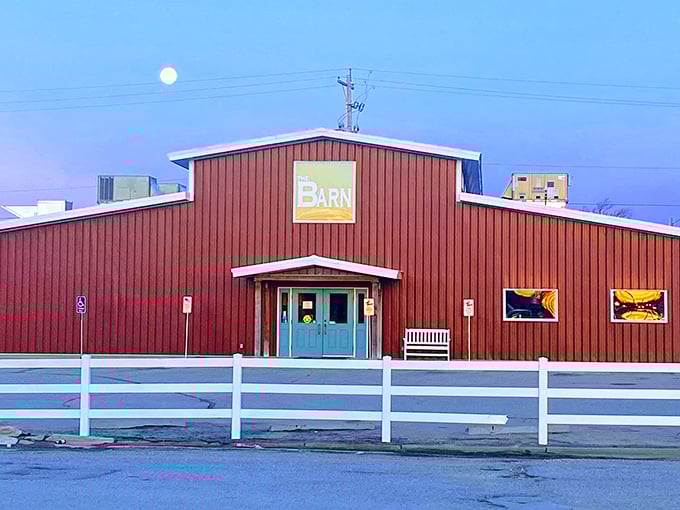 The bright red exterior isn't just farm-chic architecture&mdash;it's a beacon of hope for hungry travelers crossing the Kansas prairie. Pure roadside magnetism.