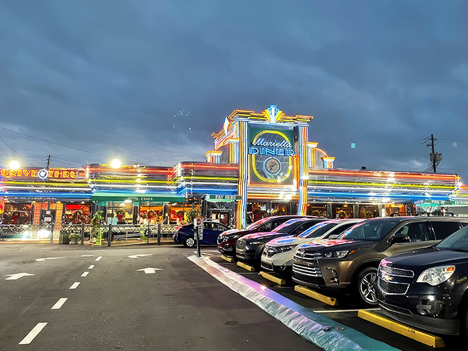 The chrome exterior of Marietta Diner gleams like a beacon of hope for the hungry. This isn't just a restaurant&mdash;it's a shining temple of comfort food.