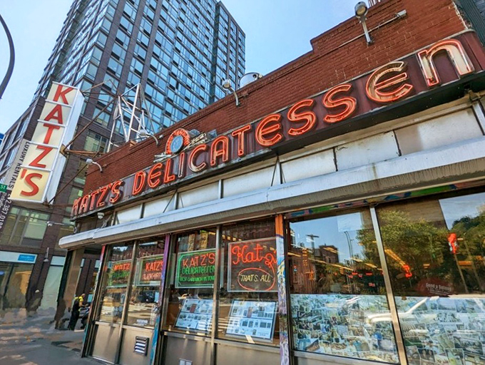 The iconic neon sign of Katz's has welcomed hungry New Yorkers since 1888. Some landmarks are famous for their architecture; this one's famous for its pastrami.