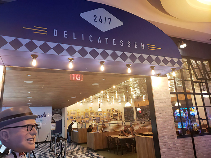 The entrance to sandwich nirvana features the classic blue and white floor pattern&mdash;a universal language that screams "serious deli business ahead." 