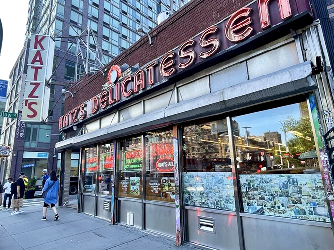 The iconic neon sign of Katz's has welcomed hungry New Yorkers since 1888. Some landmarks are famous for their architecture; this one's famous for its pastrami.