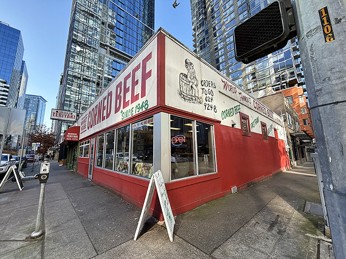 Like a culinary time capsule among Seattle's glass towers, this red-and-white storefront has been proudly declaring its corned beef allegiance since 1948.