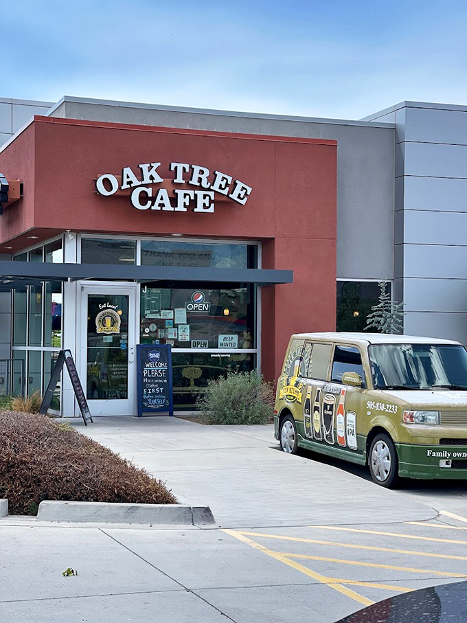 The bright red exterior of Oak Tree Cafe stands out like a beacon for sandwich seekers, promising delicious refuge from Albuquerque's desert heat.