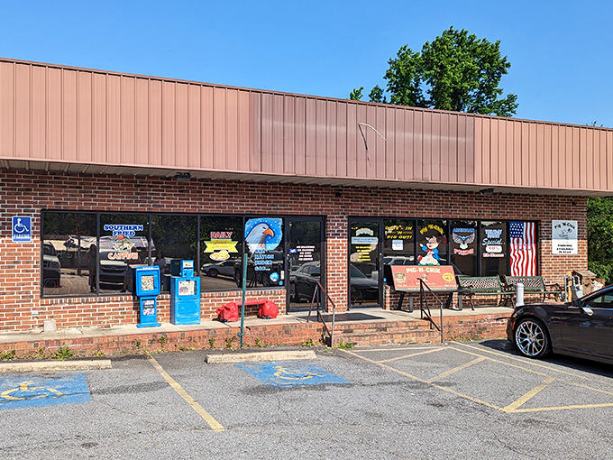 The unassuming brick exterior beckons like a barbecue lighthouse in a sea of hunger. No fancy frills here&mdash;just the promise of smoky delights waiting inside.