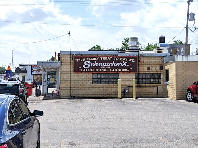 The unassuming yellow brick exterior of Schmucker's promises what every great diner should: "Good Home Cooking" without pretense or fanfare.