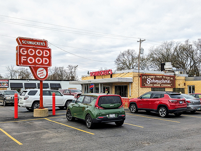 The unassuming yellow brick exterior of Schmucker's promises what every great diner should: "Good Home Cooking" without pretense or fanfare.