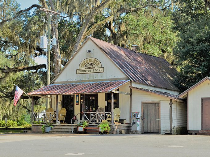 The white clapboard facade of Bradley's Country Store stands like a time capsule among the Spanish moss, beckoning hungry travelers with promises of smoky delights.