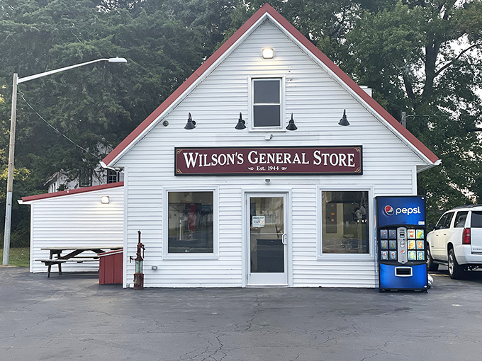 The classic white clapboard exterior of Wilson's General Store stands proudly against a blue Delaware sky, promising culinary treasures within those humble walls.