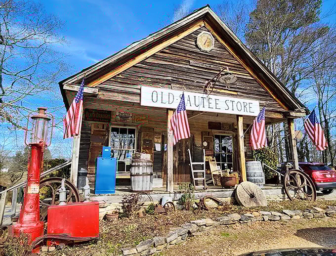 The Old Sautee Store stands like a time capsule with American flags proudly waving, as if to say "Slow down, city slicker, good food takes time."