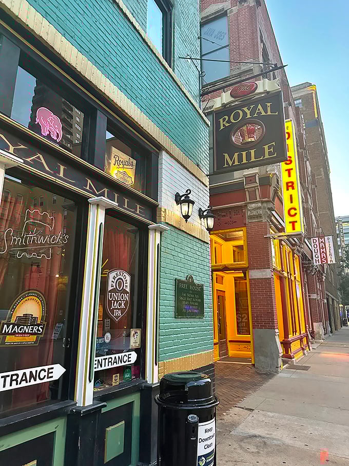 The mint-green facade of The Royal Mile stands out in downtown Des Moines like a British flag at an Iowa corn festival.