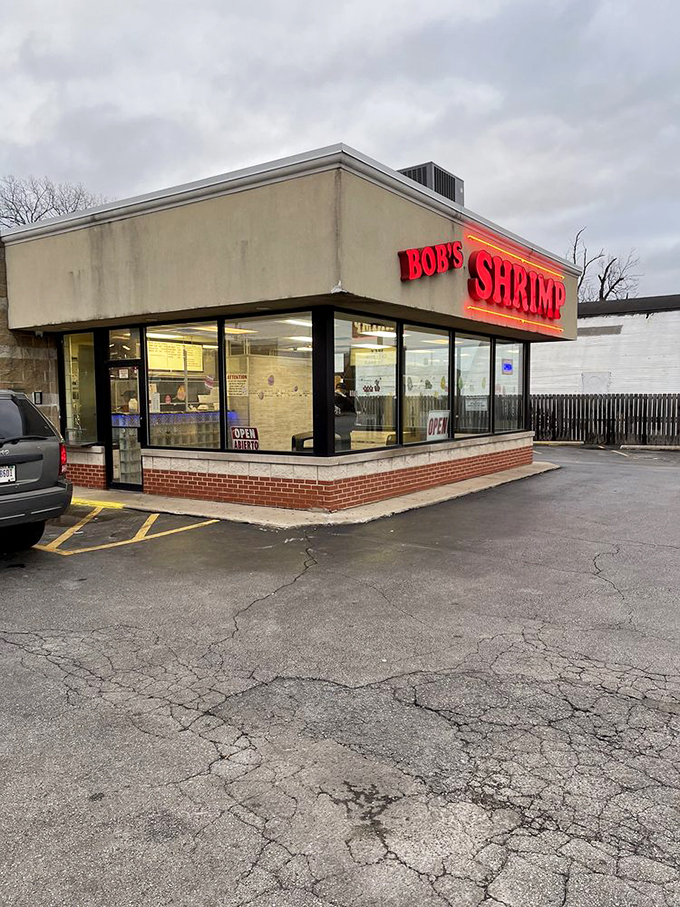 The glowing red sign of Bob's Shrimp stands out like a beacon for seafood lovers, promising simple pleasures in an unassuming package.