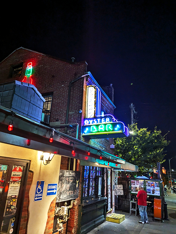 The neon dreams of New Orleans come alive at Broadway Oyster Bar, where this historic brick building has been serving up Cajun magic since 1978.