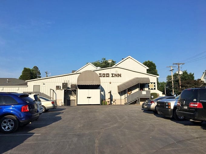 The weathered wooden sign and charming staircase welcome you to Indiana's oldest restaurant&mdash;no neon required when history speaks this loudly.