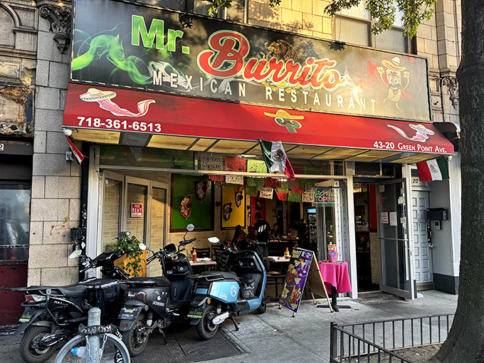 The unassuming storefront of Mr. Burrito in Sunnyside &ndash; proof that culinary treasures often hide behind modest facades. 