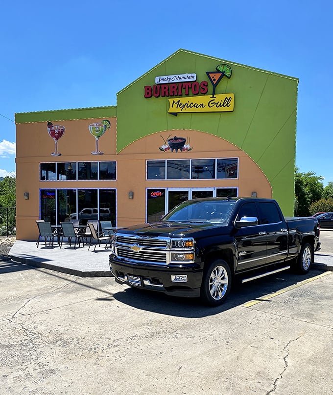 The lime green exterior of Smoky Mountain Burritos stands out like a mariachi band at a library&mdash;bold, unapologetic, and promising a good time.