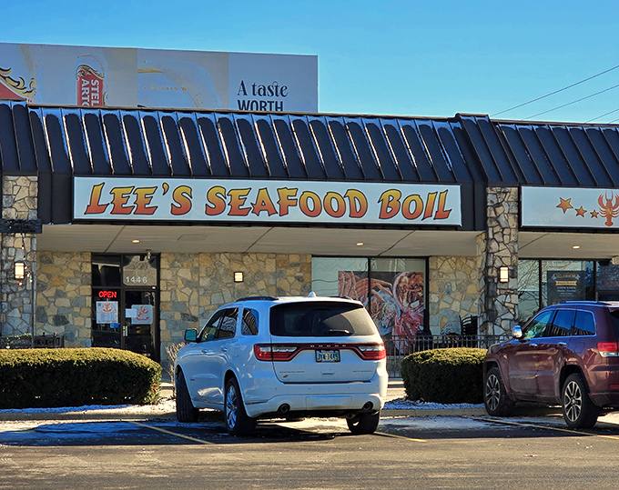 The stone facade and bold signage of Lee's Seafood Boil promises coastal treasures in Columbus. No need for ocean views when flavor is the real destination.