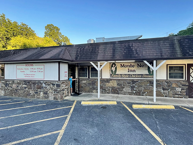 The unassuming stone exterior of Monte Ne Inn hides a fried chicken paradise that locals have treasured for decades.