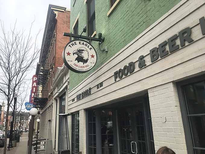 The mint-green facade of The Eagle OTR stands proudly in Cincinnati's historic district, like a Southern food embassy on Ohio soil.