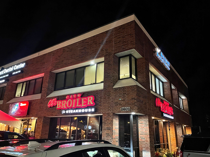 CC's City Broiler's brick exterior glows with promise after dark, its neon sign beckoning serious steak lovers like a carnivorous lighthouse.