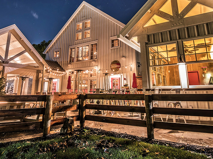 The red barn door isn't just for show&mdash;it's an invitation to carnivorous paradise. This rustic exterior houses some of Ohio's finest steaks.