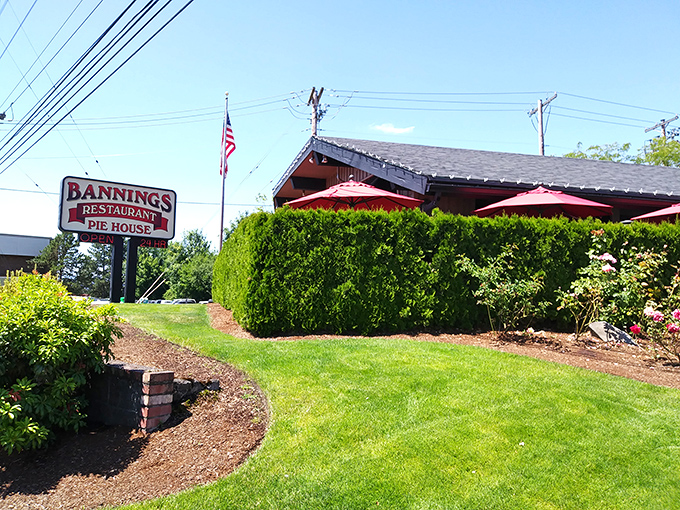 The classic roadside charm of Banning's welcomes hungry travelers with its pitched roof, modest signage, and well-kept landscaping&mdash;comfort food's natural habitat.