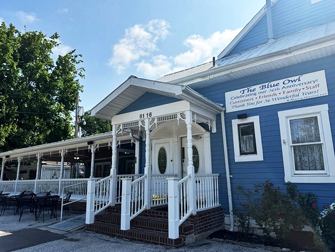 The blue clapboard building with white trim looks like it should be on a postcard labeled "American Comfort." This charming exterior welcomes dessert pilgrims from across the Midwest.