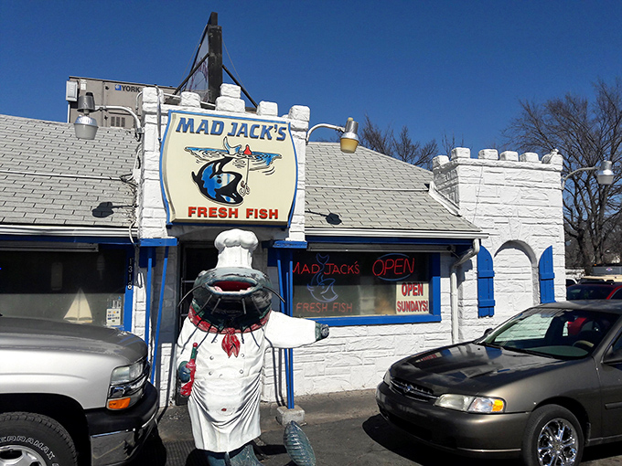 The white castle of seafood stands proudly in Kansas City, its blue trim and cartoon fish logo promising treasures that defy Midwestern geography.