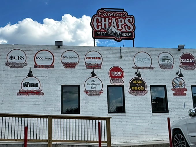 The unassuming exterior of Chaps Pit Beef&mdash;proof that culinary greatness often hides in humble packages. Baltimore's meat temple awaits.
