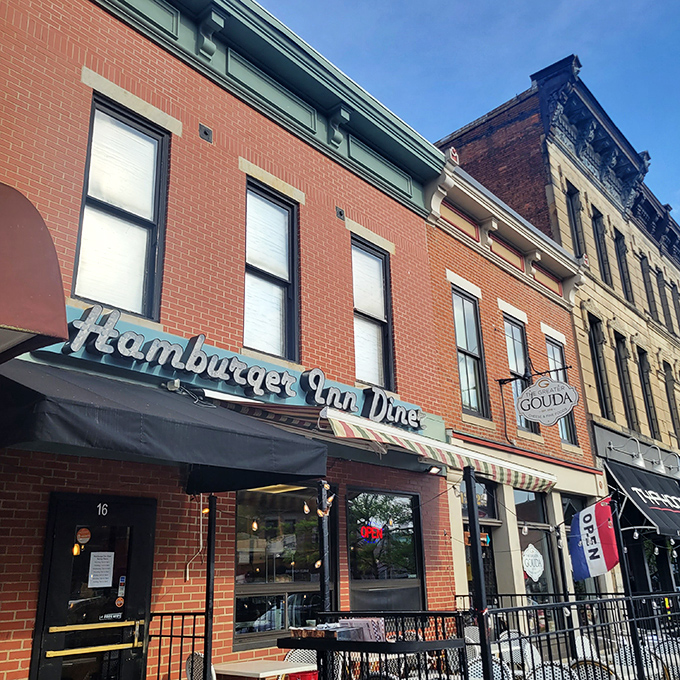 The brick fa&ccedil;ade and vintage signage of Hamburger Inn Diner stands as a time capsule on Delaware's main drag, promising comfort and nostalgia with every visit.