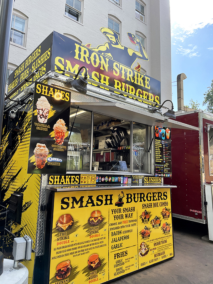 The bright yellow beacon of burger bliss stands proudly among Portland's food carts. Like a culinary lighthouse guiding hungry souls to smash burger paradise.