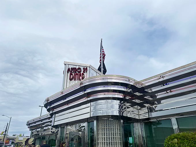 The gleaming stainless steel exterior of Metro 29 Diner stands like a time capsule from the golden age of American dining, complete with that unmistakable retro charm.