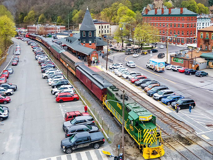 Victorian charm meets mountain majesty in downtown Jim Thorpe, where the Mauch Chunk Opera House stands as a cultural cornerstone against a backdrop of forested hills.