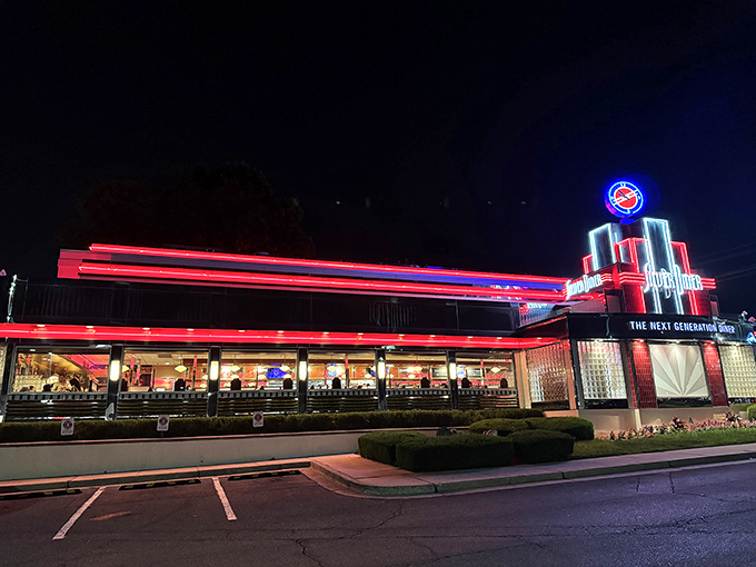 The gleaming chrome exterior of Silver Diner stands like a time capsule on wheels, permanently parked in Rockville but ready to transport you to simpler times.
