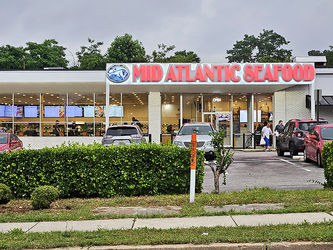 The white brick exterior with its bold red sign is like a lighthouse for hungry seafood lovers navigating Route 1's culinary waters.