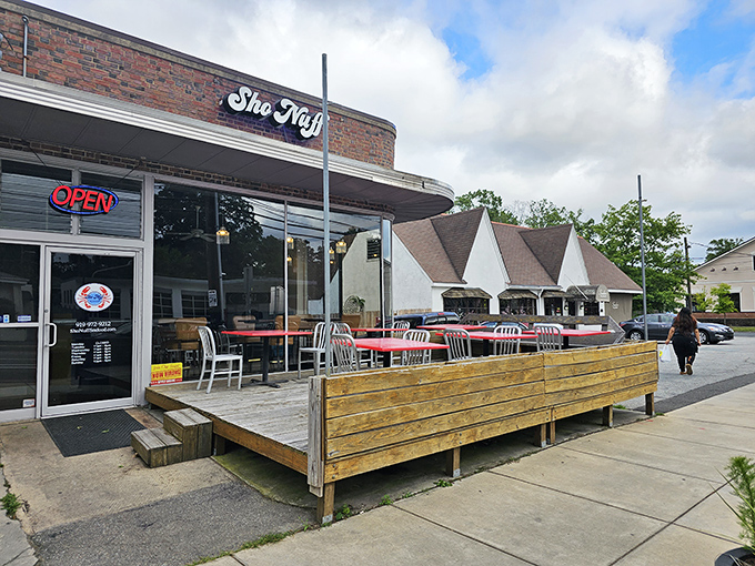 The unassuming brick exterior of Sho Nuff Seafood with its wooden deck might not scream "culinary destination," but locals know better.