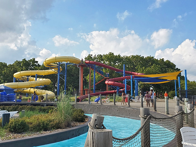 Colorful water slides twist against the Missouri sky like a tangle of primary-colored pasta, promising thrills that'll make adults question their life choices&mdash;gloriously.