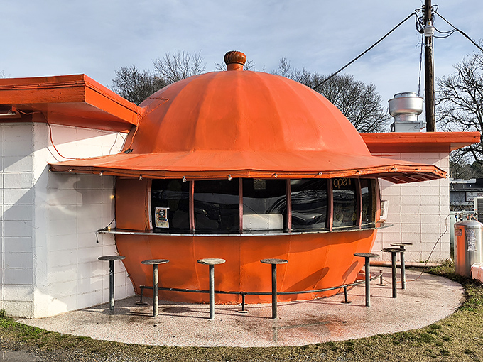 The giant orange dome isn't a mirage&mdash;it's architectural whimsy serving up comfort food. Like finding a citrus spaceship that decided to land in Redfield and start flipping pancakes.