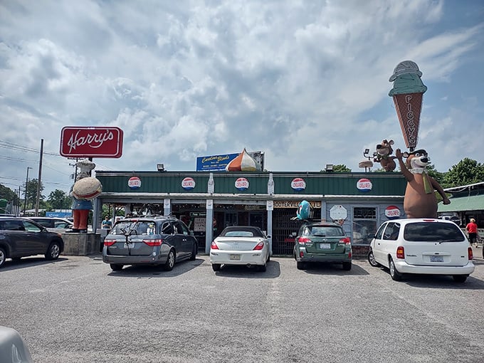 The roadside charm of Harry's comes complete with whimsical statues &ndash; including a chef pig holding a burger and that iconic ice cream cone beckoning hungry travelers. 