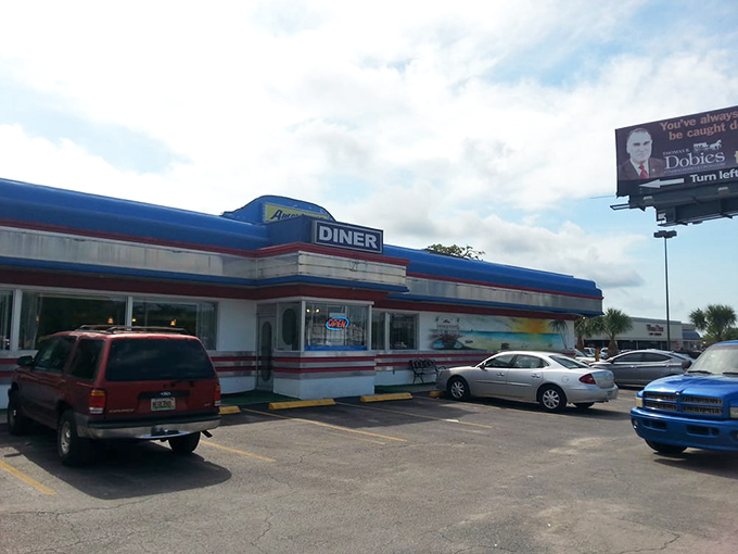 The technicolor dreamcoat of diners! Americana 50's Family Diner's exterior pops against the Florida sky like a Technicolor postcard from the past.