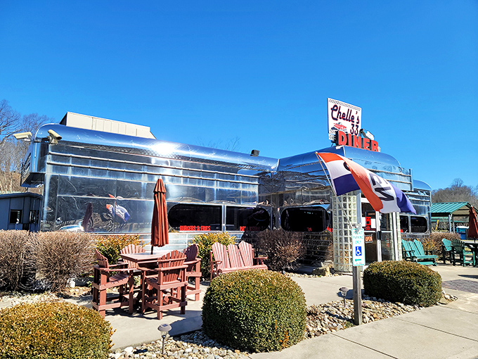 The gleaming stainless steel exterior of Chelle's 33 Diner stands like a time portal to the 1950s, complete with that iconic "33" beckoning hungry travelers.