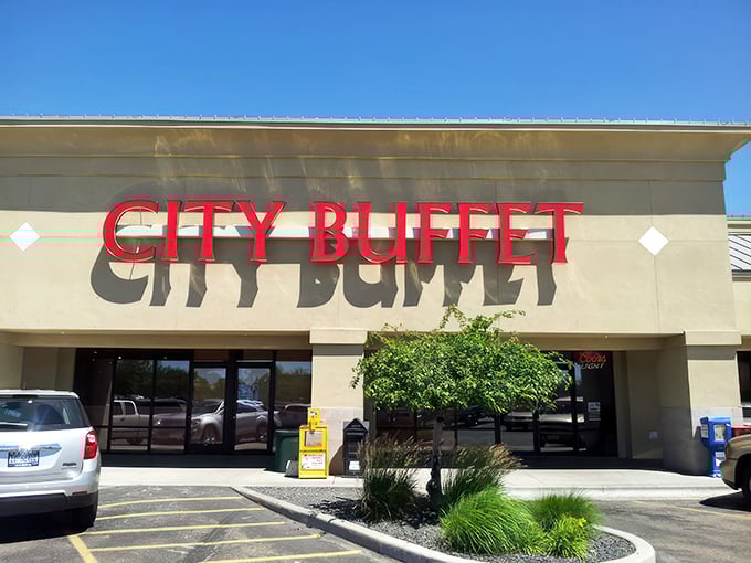 The bold red letters of City Buffet beckon like a Vegas marquee promising jackpots of flavor instead of cash.