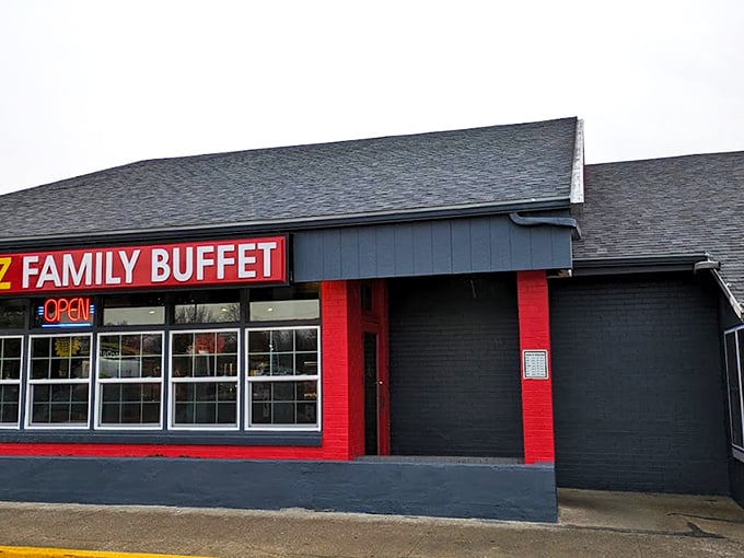The bright red Dietz Family Buffet sign beckons hungry travelers like a lighthouse for the famished. Small-town charm with big-time flavor potential.
