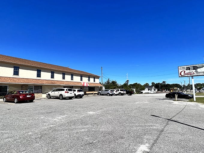 The unassuming exterior of Casey's Buffet might fool you, but locals know that culinary treasures often hide in plain sight.