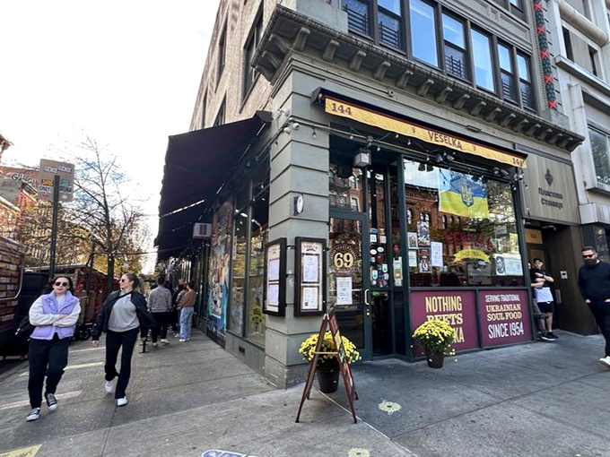 Veselka's corner storefront stands proud in the East Village, a blue-and-yellow beacon of Ukrainian comfort that's been calling hungry New Yorkers home for decades.