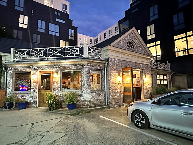 The unassuming brick exterior of Geer Street Garden, a former gas station transformed into Durham's deviled egg headquarters, welcomes visitors with blue flower pots and casual charm.