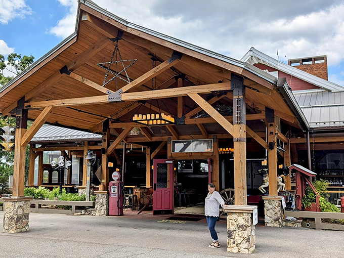 The grand entrance of Angus Barn stands like a rustic cathedral dedicated to the worship of perfectly cooked beef. Welcome to meat heaven.