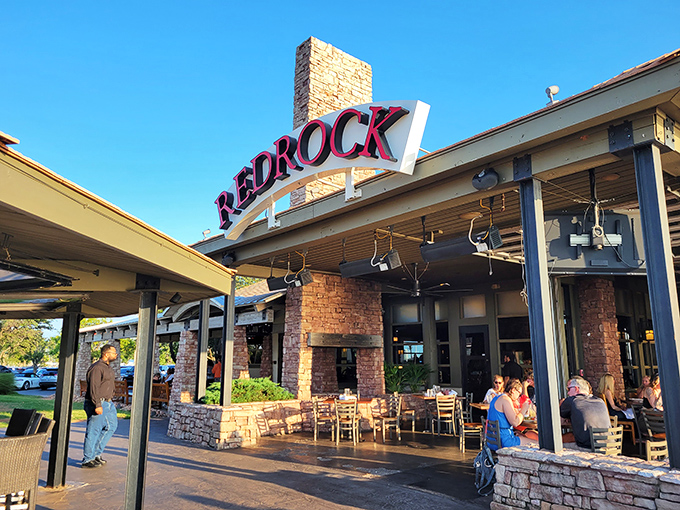 Stone meets sky at Redrock Canyon Grill, where that impressive chimney isn't just for show&mdash;it's the beacon that guides hungry Oklahomans home.
