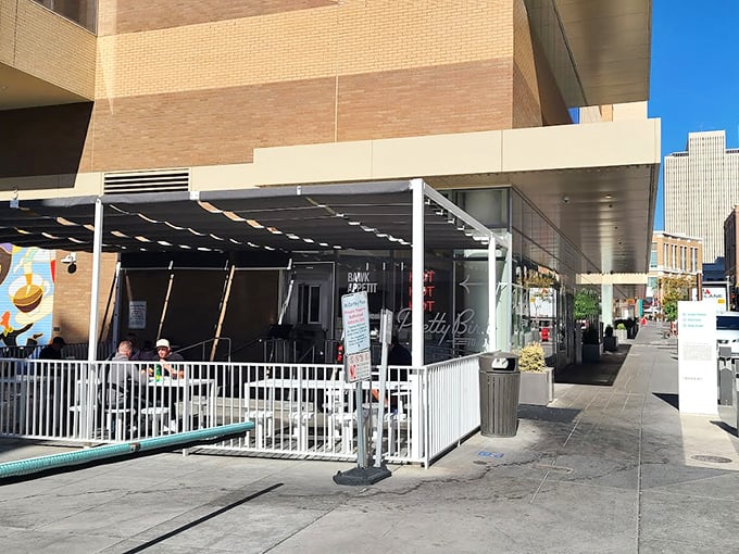 The sleek storefront of Pretty Bird beckons with its minimalist design. Salt Lake City's hottest chicken joint doesn't need flashy gimmicks to draw you in.
