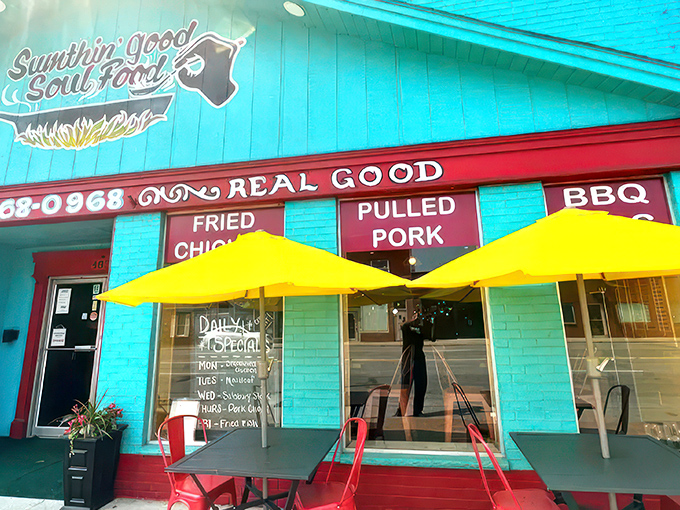 That turquoise facade isn't just eye-catching&mdash;it's a beacon of culinary promise on MacCorkle Avenue. Soul food paradise awaits!