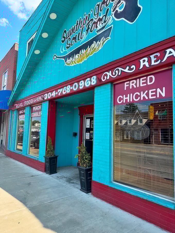 That turquoise facade isn't just eye-catching&mdash;it's a beacon of culinary promise on MacCorkle Avenue. Soul food paradise awaits!